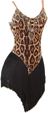 Amazon.com: YDHTIZ Women's Latin Dance Dress with Leopard Print Fringe ...
