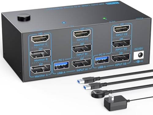 8K KVM Switch 3 Monitors 2 Computers Triple Monitor 2 Displayport 1.4 ...