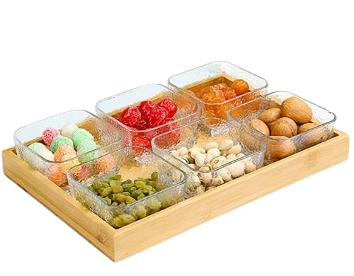 Buy SHYONA Glass 4 Bowl Set with Wooden Tray, Glass Fruit Tray Divided ...