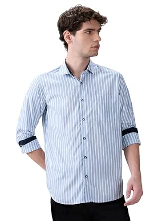 Raymond Men Regular Fit Stripe Pattern Pure Cotton Semi Cutaway Collar ...