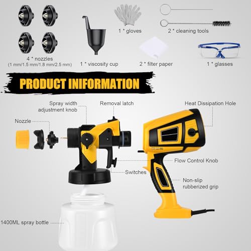 Electric Paint Sprayer, 800W Fence Paint Sprayer with 1400ML Container ...