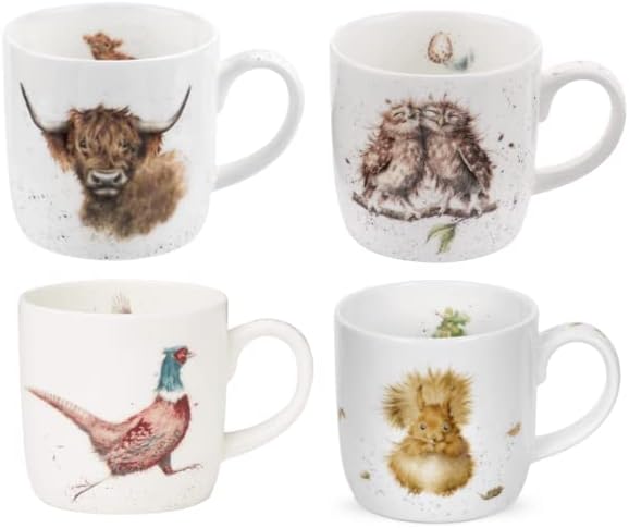 Royal Worcester Wrendale Designs 0.3 Litre Mug Set Owl Pheasant Cow and ...