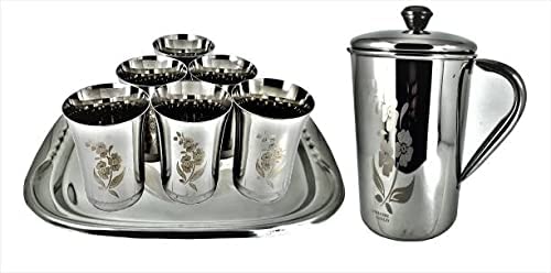 Buy STOREeASY Stainless Steel 8 Pieces Set Jug Glass, Tray Set - 6 ...