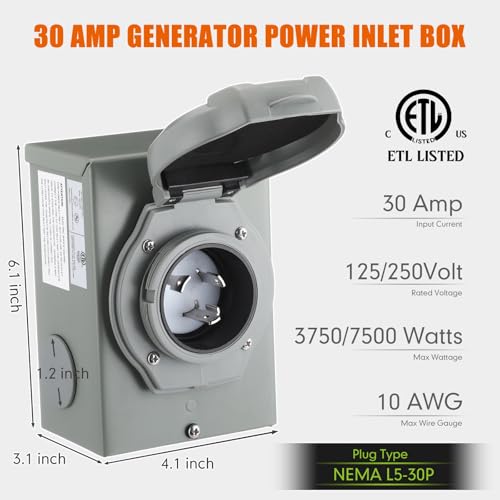 Kanayu Pre-drilled 30 Amp Generator Inlet Box, Nema L5-30p 3-Prong ...