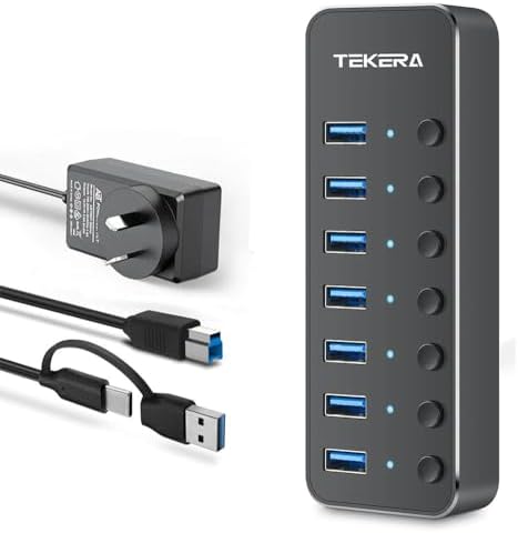 Powered USB Hub, TEKERA USB 3.0/USB C Hub with Power Adapter and ...