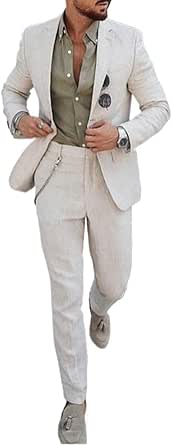 Mi Bo Tong Mens Linen Suit 2 PC Mens Summer Suit Slim Fit Blazer Pants ...
