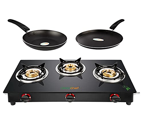 GREENCHEF Alpha Gas stove combo - Smart 3 Brass Burner Glass stove ...
