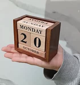 Wooden Desktop Calendar, Perpetual Day Date Month Display, Brown Frame ...