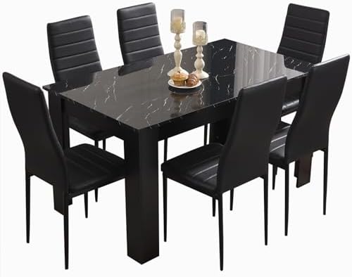 Dining Table and 6 Chairs Set, Dining Table Set, Pu Leather Dining Room ...