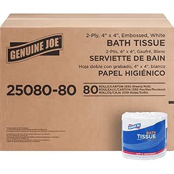 Genuine Joe Standard Bath Tissue, 4" x 4", 2-Ply, 550 Sheets/Roll, 80 ...