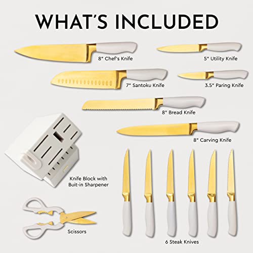 Gold Knife Set with Block Self-Sharpening – 14-Piece Titanium Coated ...