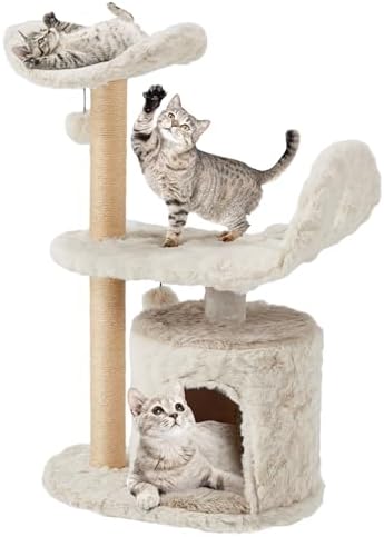 Amazon.com : Cute Small Cat Tree, 31in White Plush Cat Tree, 3-Tier Cat ...