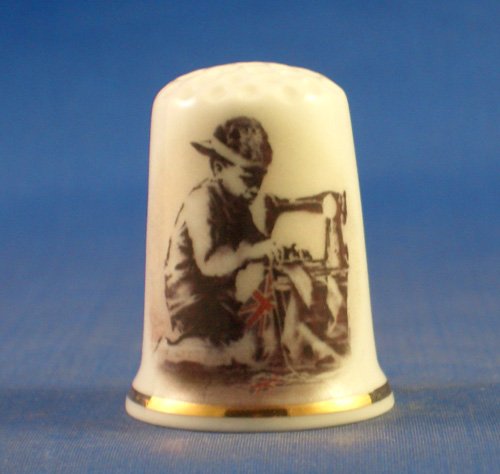 Porcelain China Collectable Thimble - Banksy Boy with Sewing Machine ...