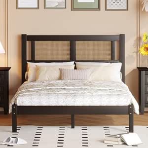 Amazon.com: Rustic Wood Full Bed Frame with Natural Rattan Headboard ...