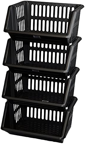 Large 4 Tier Stacking Baskets Storage Veg Rack Plastic Stackers, Black ...