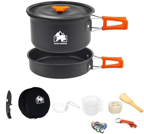 BISONBERG 10 Pcs Camping Cookware Set, Mess Kit, Camping Accessories ...