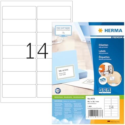 HERMA Self Adhesive Multipurpose Labels, 14 Labels per A4 Sheet, 100 ...