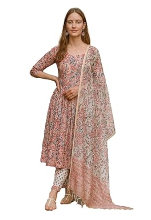 Buy LookMark Women's Cotton Blend Printed Kurta with Pant & Dupatta ...