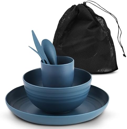 Harfield Pastel Blue Camping Dining Tableware Set - Plate, Bowl, Beaker ...