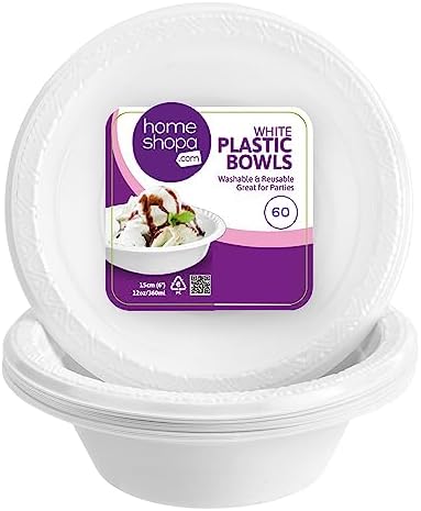 XIMOGO Pack of 100 White Plastic Bowls – 12 OZ, Washable & Reusable ...
