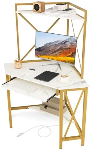 Amazon.com: Tangkula White Corner Desk with Hutch, 90 Degrees Triangle ...