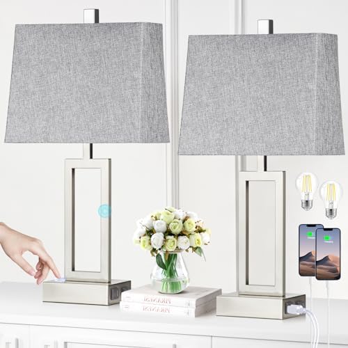 Touch Control Table Lamps Set of 2, Modern Silver Bedside Lamps with ...