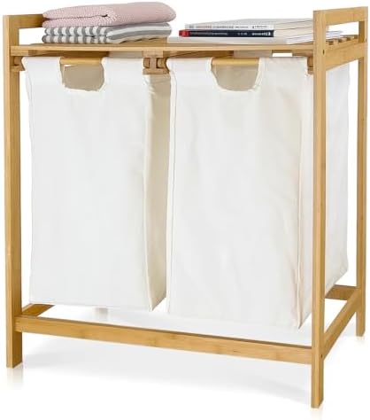 Amazon.com: Daimix Double Laundry Hamper with Shelf, Wood Laundry ...