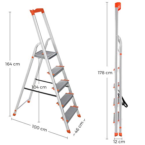 SONGMICS Leiter 5 Stufen, Aluleiter, 12 cm breite Stufen, Stehleiter ...