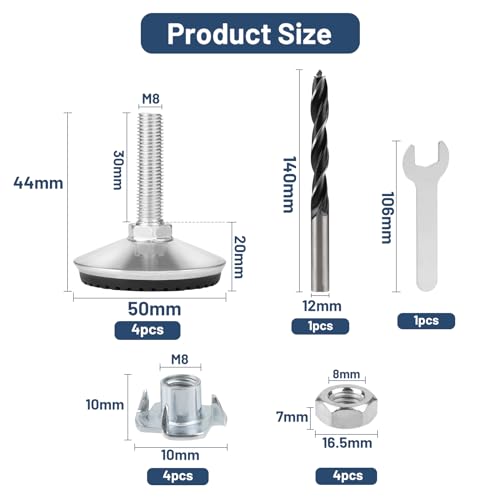 lalago Set of 4 Furniture Feet, Table Feet, Adjustable, M8 x 30 mm ...