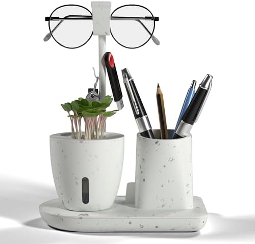 eo Pen Stand for Study Table with Self-Watering Plant Pot, Glasses ...