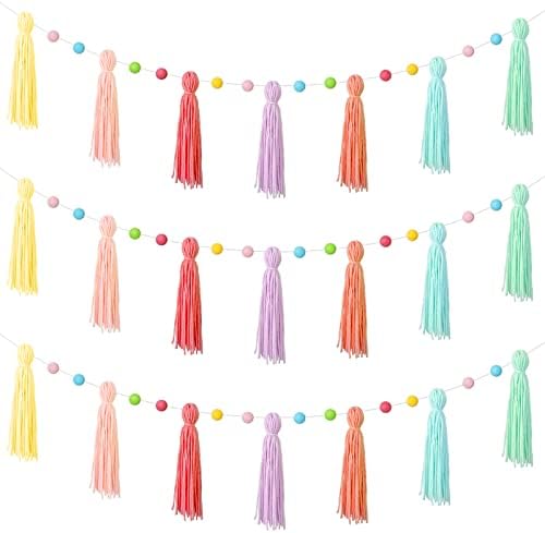 Amazon.com: 3 Pcs Colorful Rainbow Boho Tassel Garland Pom Pom ...