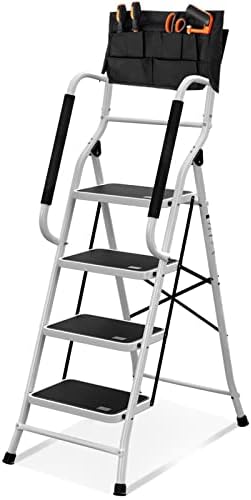 SUZHI Heavy Duty 4 Step Foldable Ladder with Handrails, Attachable Tool ...