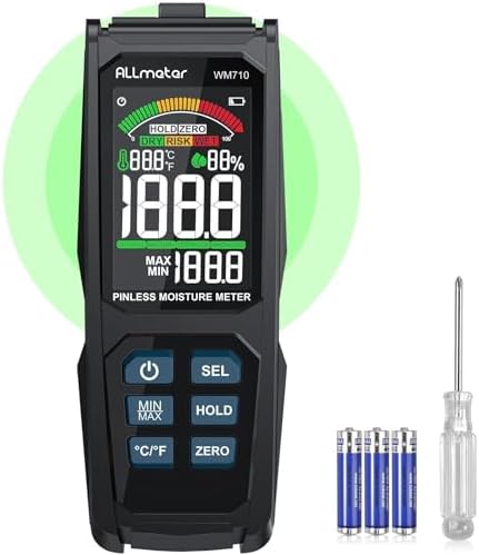 ALLmeter Pinless Moisture Meter with Large Backlit LCD,3-Color Alarm ...