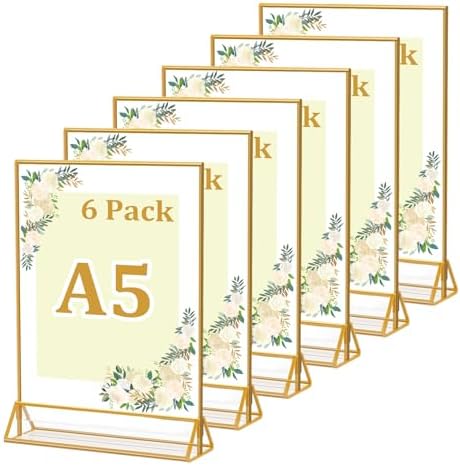 DMSELL 6 Pack A5 Acrylic Sign Holder with Gold Border, A5 Display Stand ...