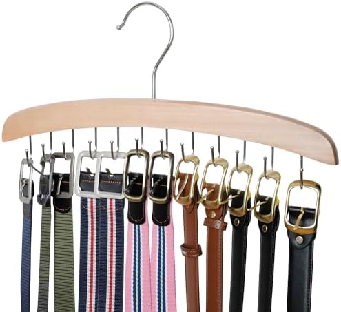 EHOTER 2PCS Wooden Belt Hanger for Closet with 8 Hooks Anti Slip Multi ...