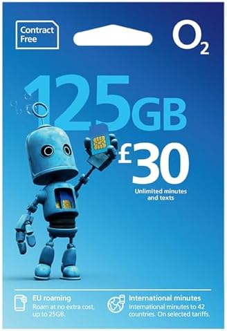 O2 SIM Card UK & EUROPE (ROAM FREE) PREPAID PAYG £30 Bundle -125GB ...