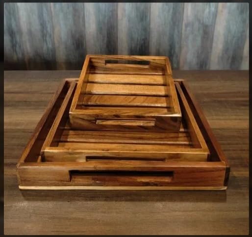 Wood Serving Trays Set with Handles, Rustic Nesting Trays Stackable ...