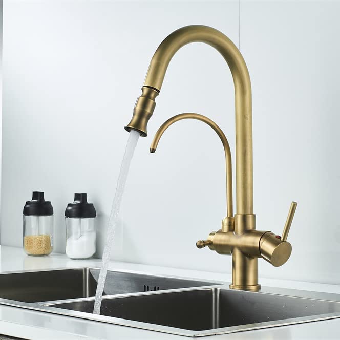 Antique Pull-Out Touch Kitchen Faucet Hot and Cold Sink Full Copper ...