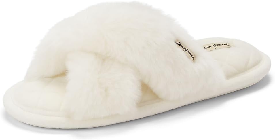 Amazon.com | Dearfoams womens Jessica Furry Cross Band Slide Slipper ...
