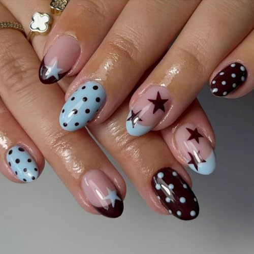 Amazon.com: Almond Press on Nails Polka Dot Nails Press on Medium Fake ...