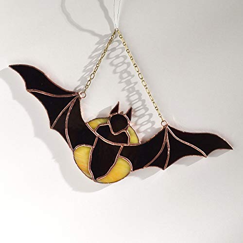Amazon.com: Stained Glass Flying Bat over Moon Panel for Window Hanging ...
