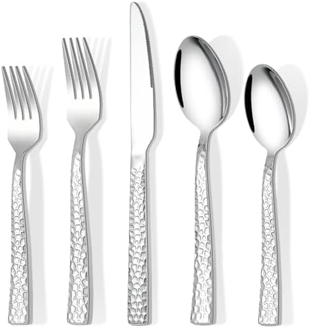 Amazon.com | Hammered Silverware Set, 20 Piece Stainless Steel Flatware ...