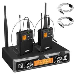 TONOR UHF Wireless Microphones System with Headset/Lavalier Lapel Mics, Bodypack Transmitter ...
