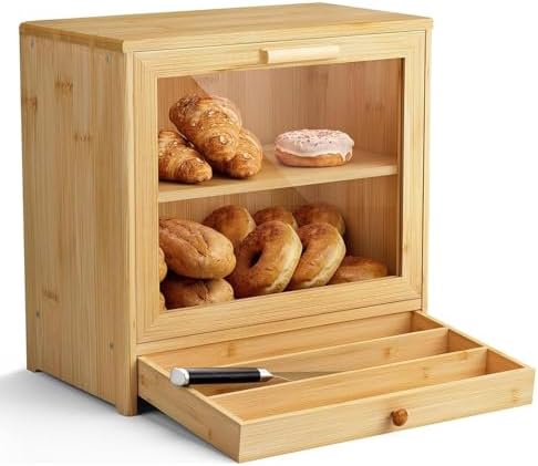Amazon.com: CAEKSALI Bamboo Bread Box for Kitchen Counter: Large 2-Tier ...