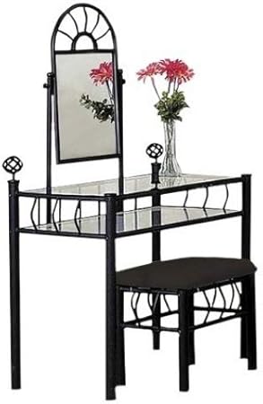 Amazon.com: Black Metal Bedroom Vanity with Glass Table & Bench Set ...