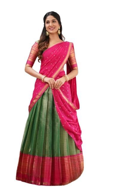 Buy ZITON Kanjivaram Silk Half Saree Green and Pink Women's KanjiVaram ...