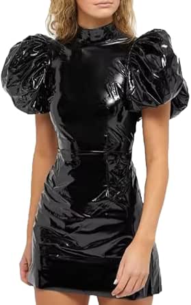 Amazon.com: Club Party Wet Look Women PVC Leather Big Puff Short Sleeve ...