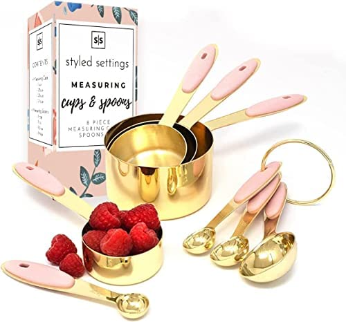 Buy Pink Measuring Cups and Spoons Set - Sturdy 8PC Pink & Gold ...