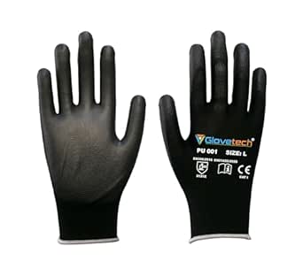 Glovetech Polyurethane Glove - PU 001 (Black) - PU Coating (Pack Of 12 Pairs) (Size - L ...