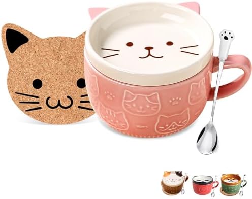 Gifts for Women Her Cute Kawaii Pink Cat Coffee Mugs with Lids ...